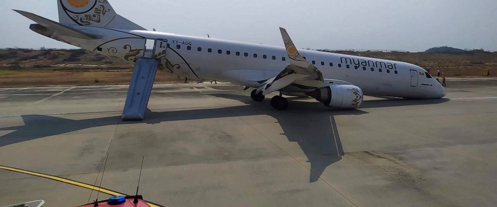 缅甸机场机头触地飞机系巴西航空E190型飞机